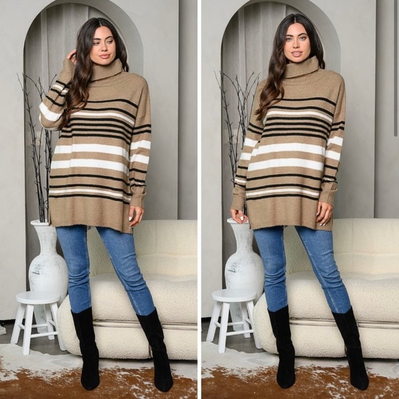 Identity | Sweaters | New Ultrasoft Womens Taupe Stripe Fall Turtle ...